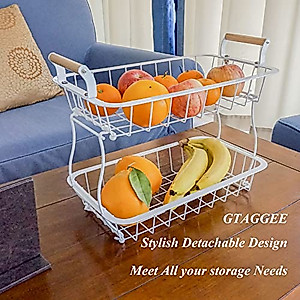 2 Tier Fruit Storage Basket for Kitchen Countertop,GTAGGEE Bread Baskets Fruit Bowl Holder Vegetable Stand Detachable Metal Rectangular Wire Basket, White