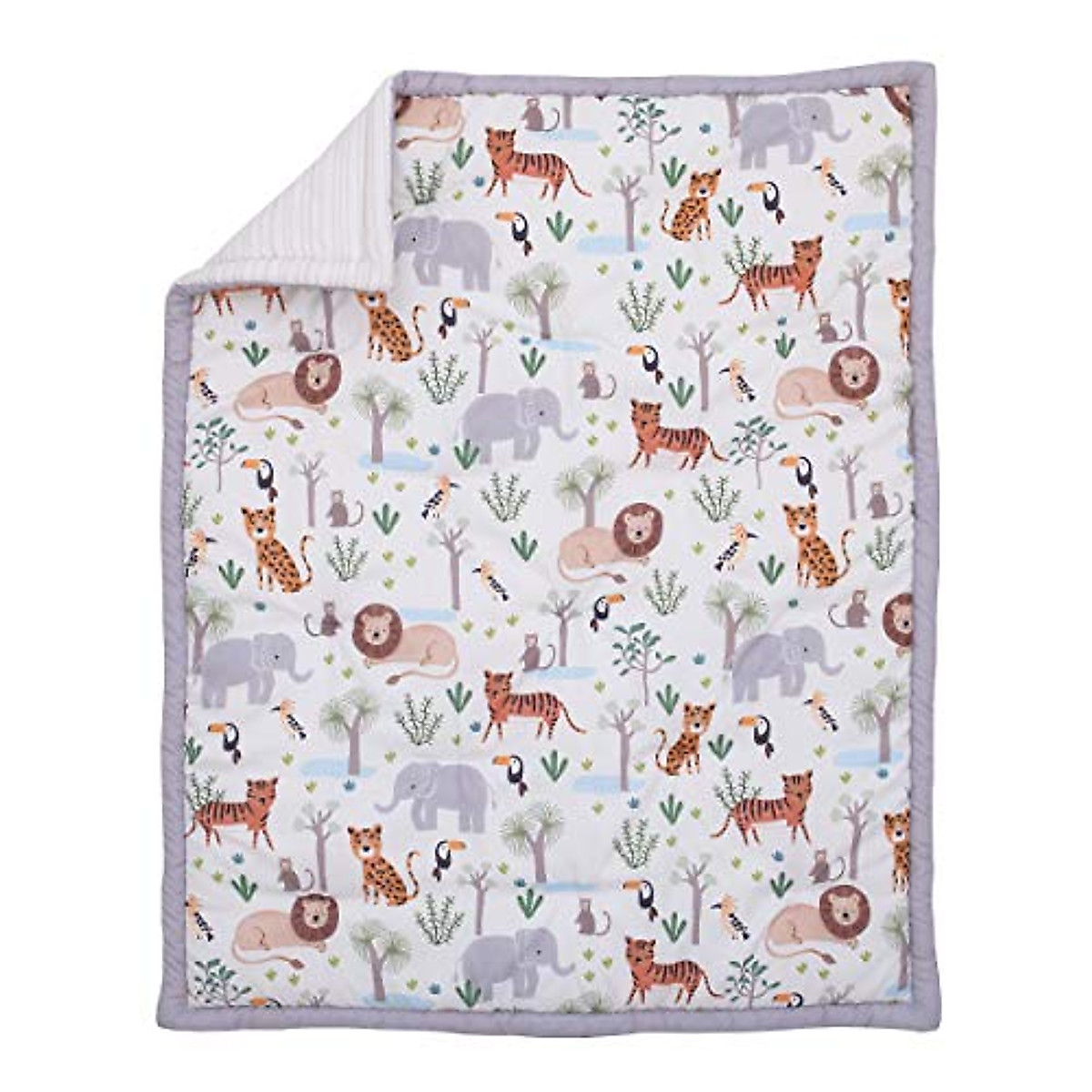 NOJO Growing Wild Grey, Orange, Green and White 8 Piece Jungle Safari Crib Bedding Set with Comforter, 2 Fitted Crib Sheets, Dust Ruffle, Diaper Stacker, Decorative Pillow, Baby Blanket