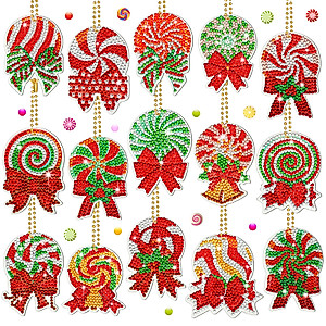 15 Pieces Christmas Diamond Painting Keychain Diamond Painting Ornaments 5D DIY Diamond Painting Keychain Hot Cocoa Christmas Diamond Art Ornaments for Kids Christmas DIY Crafts (Candy)