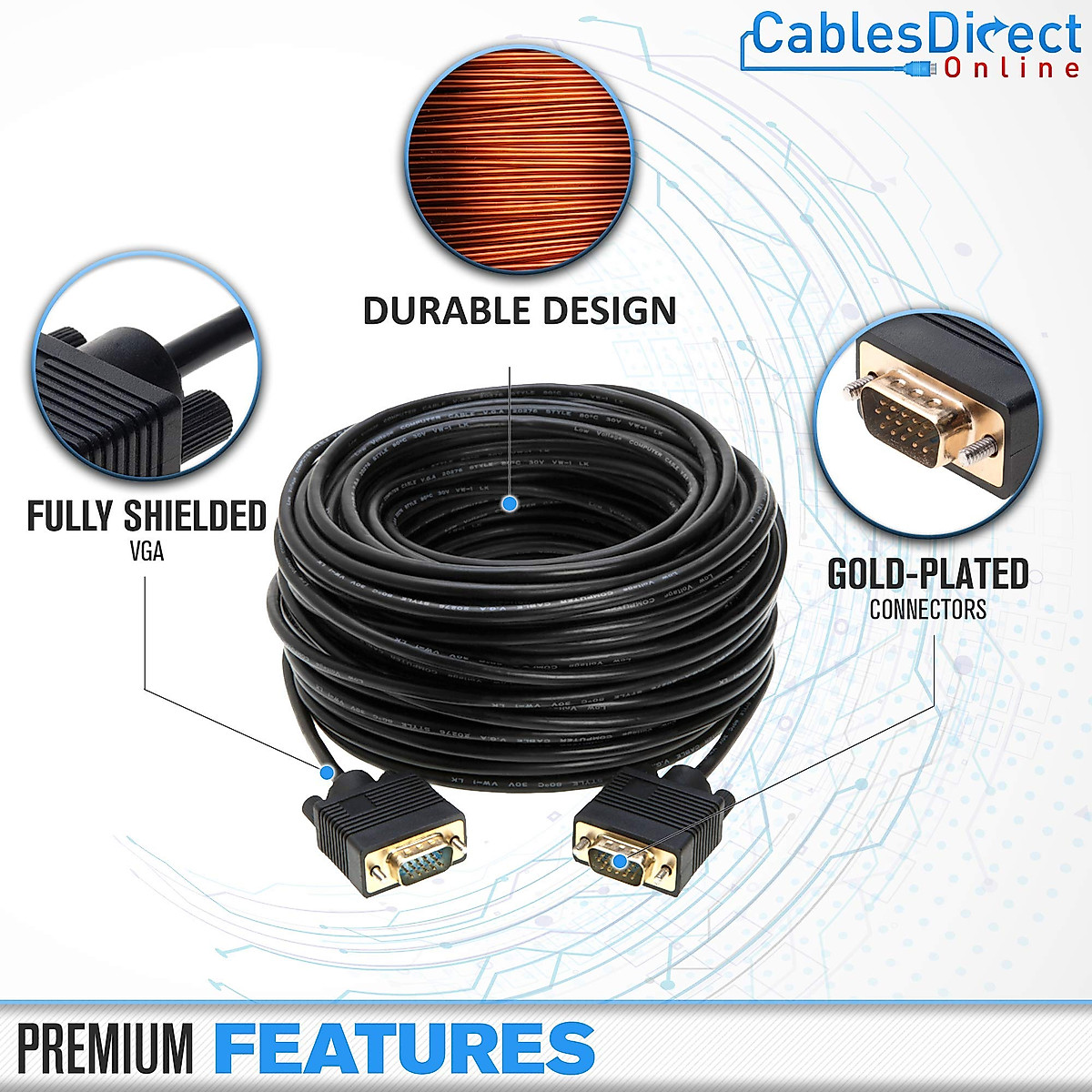 Cables Direct Online 100FT SVGA Monitor Cable - Male to Male VGA to VGA 1080P for PC, Projector, Laptop, TV