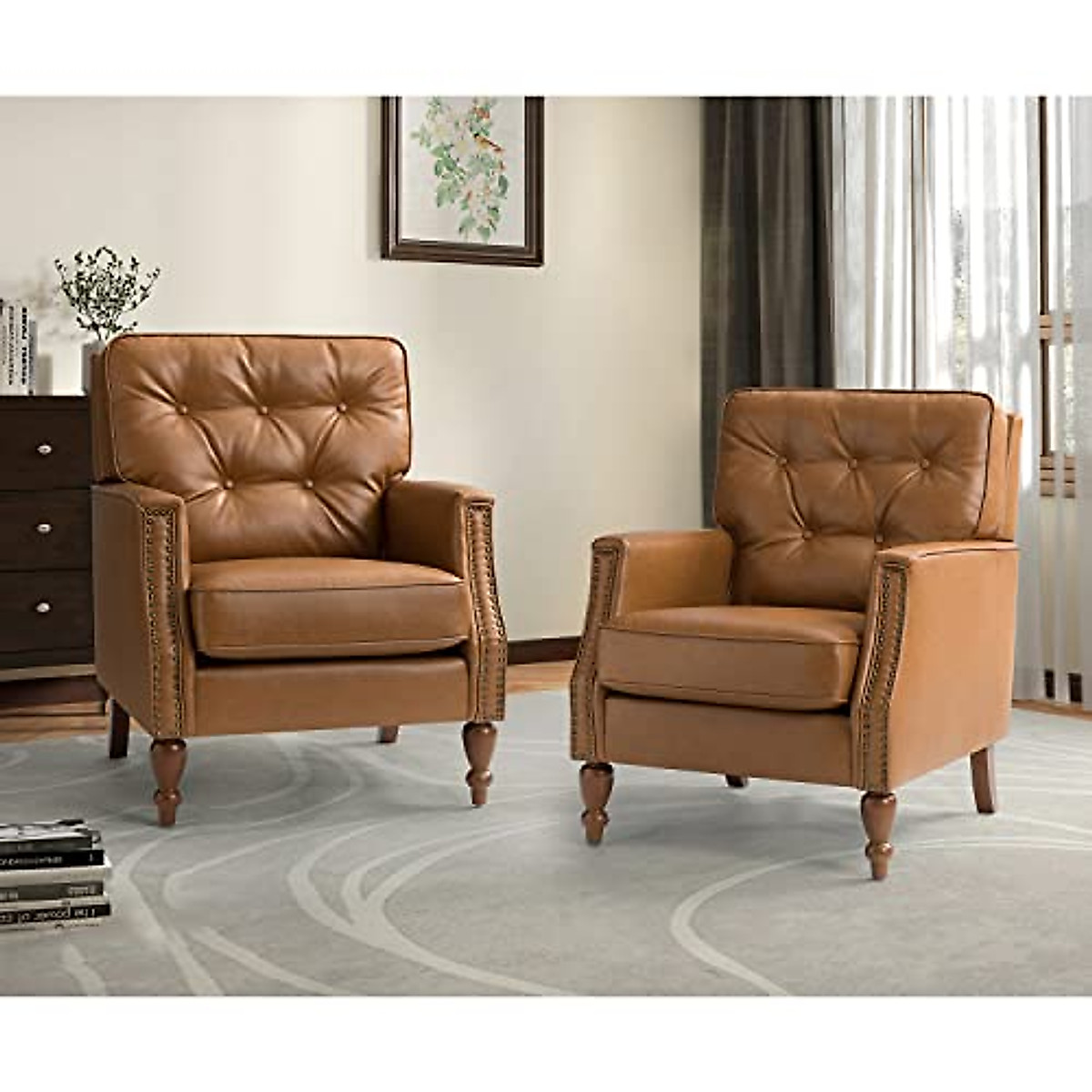 HULALA HOME Faux Leather Accent Chair Set of 2 with Nailhead Trim, Button Tufted Comfy Upholstered Armchair with Removable Cushion, Traditional Single Sofa Chair for Living Room Bedroom Office, Camel