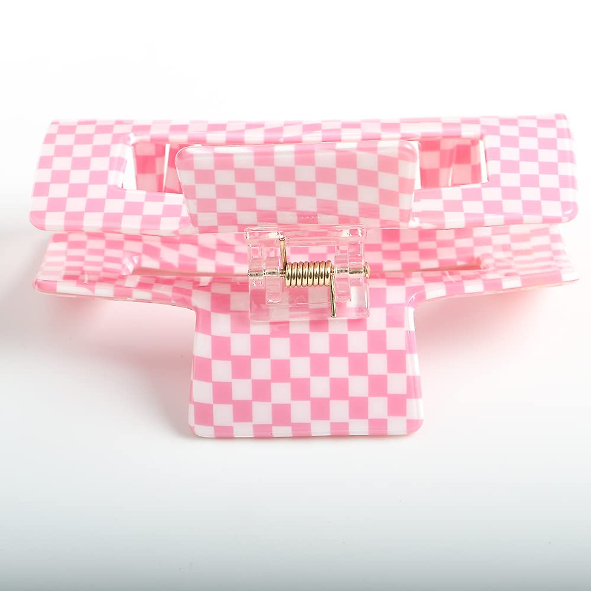 Checkered Hair Claw Clips,Pack of 1,Vintage Checkered Claw Clips Cellulose Acetate Banana Clips,Nonslip Banana Hair Clamp for Women Girls (Pink,L)