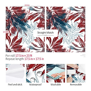 ReWallpaper 17.5in×23ft Floral Wallpaper Red and White Floral Peel and Stick Wallpaper Boho Blue Floral Petals Contact Paper for Cabinets Drawers Walls Blooming Flowers Wallpaper Waterproof Easy Apply