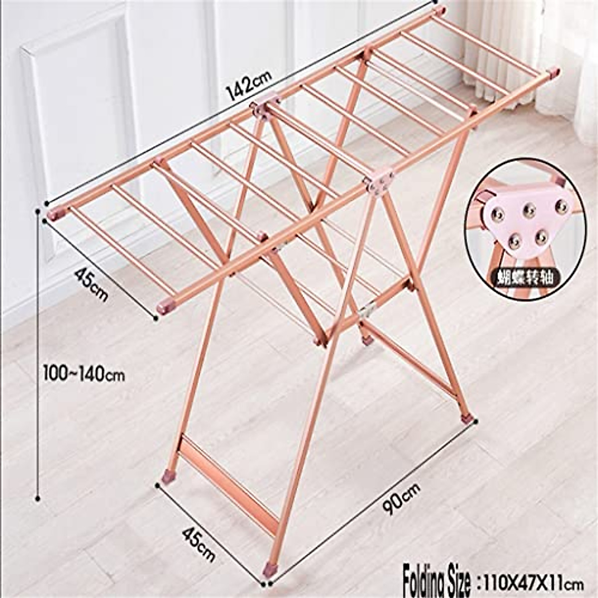 CZDYUF Aluminum Alloy Clothes Drying Hanger Floor Folding Clothes Rack Indoor Balcony Home Baby Clothes Drying Quilt Hanger (Color : Pink, Size : 110 * 47 * 11cm)