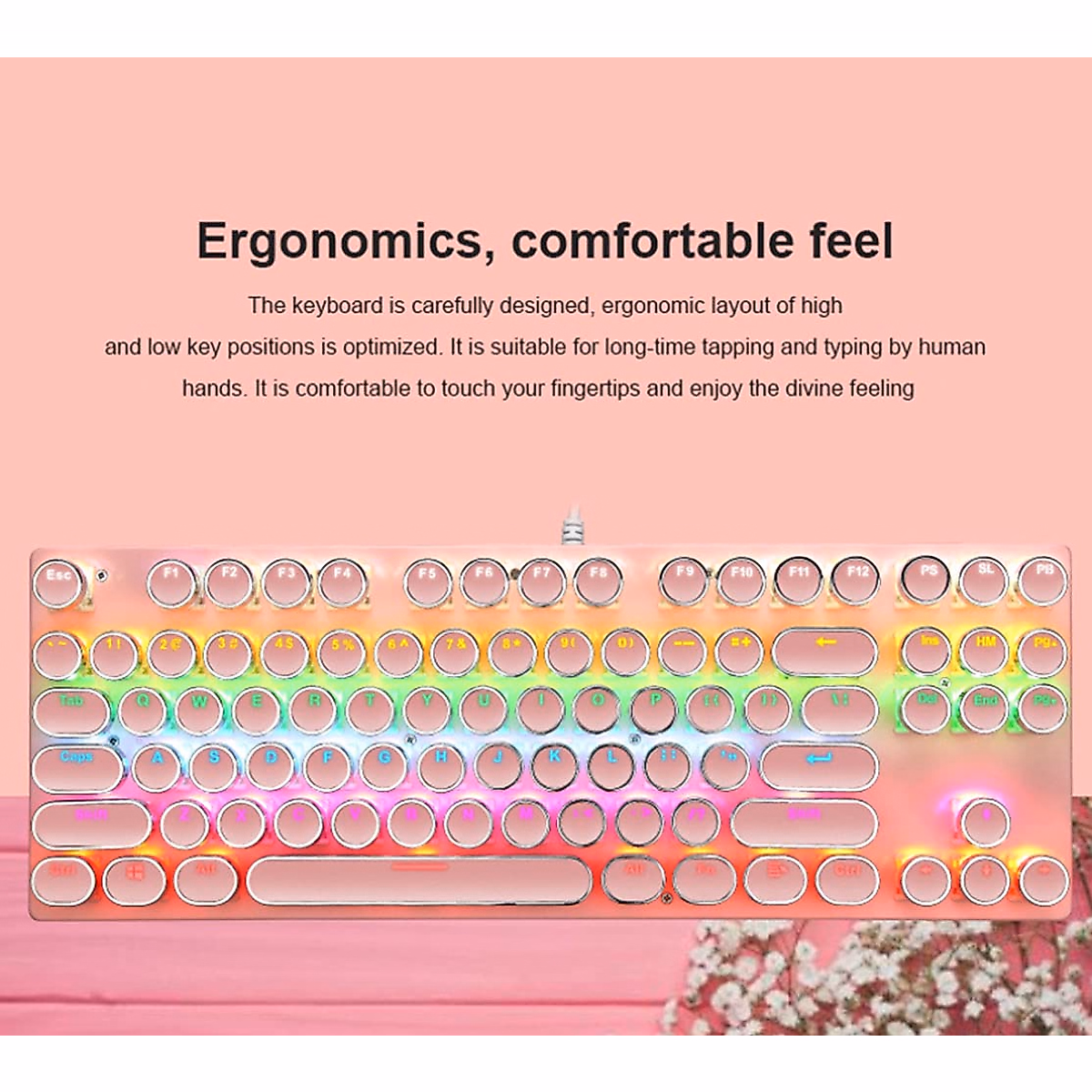 Mechanical Gaming Keyboard and Mouse Combo, 87 Key Retro Punk Typewriter-Style,Blue Switch RGB Rainbow Backlit Keyboard,Cool Breathing Light Lightweight Gaming Mouse for Game and Office,Pink