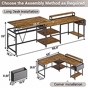 SEDETA L Shaped Desk with Lift Top, Convertible Home Office Desk, L Shaped Standing Desk with Storage Shelves, Monitor Stand, and Headphone Hook for Home Office, Rustic Brown