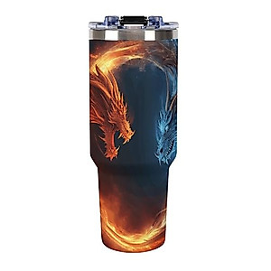 HJUQNGF 40 Oz Personalized Tumbler with Handle And Straw Fire And Ice Dragons Stainless Steel Insulated Tumblers Reusable Car Thermal Cup Travel Coffee Mug for Women Men