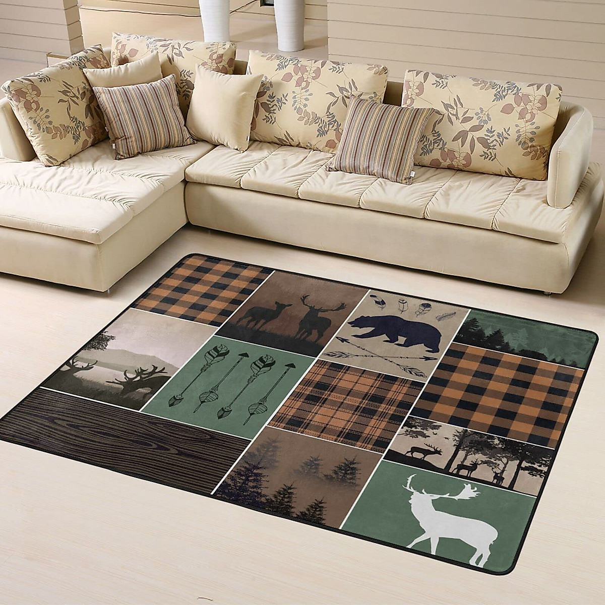 Cabin Deer Area Rugs,Rustic Hunting Camper Plaid Wild Bear Elk Forest Farmhouse Indoor Decor Non Slip Green Carpet Enterence Bedroom Study Kitchen 63x48 inch