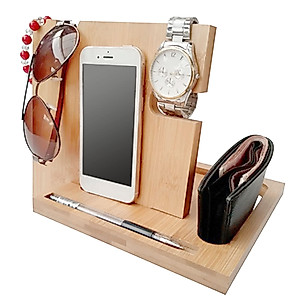 Wood Charger Dock Stand Nightstand Organizer for Men Multi Device Charging Station Wood Tablet Holder Desk Accessies for Smartphone Cellphone Watch Pad