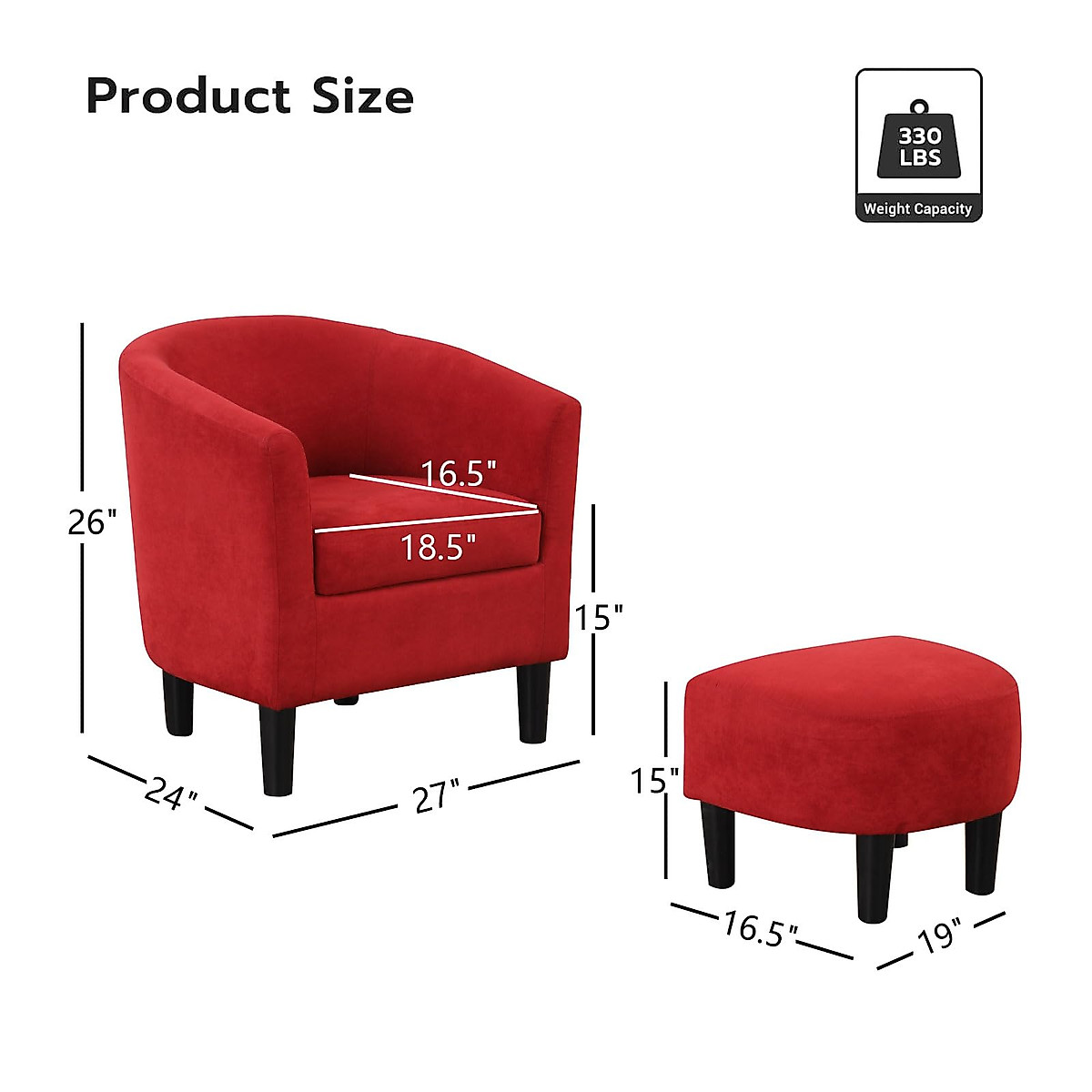 INZOY Modern Accent Chair with Ottoman, Upholstered Barrel Reading Chair with Foot Rest, Comfy Fabric Armchairs for Living Room Bedroom Small Spaces, Easy to Assemble (Red)