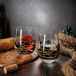 The Wine Savant Artisanal Hand Painted Sunrise Glasses, Stemless Set of 2 Wine, Water & Whiskey Glasses Crystal Tumblers - Gift Idea for Her, Him, Birthday, Housewarming - Large Goblets (18.5 OZ)