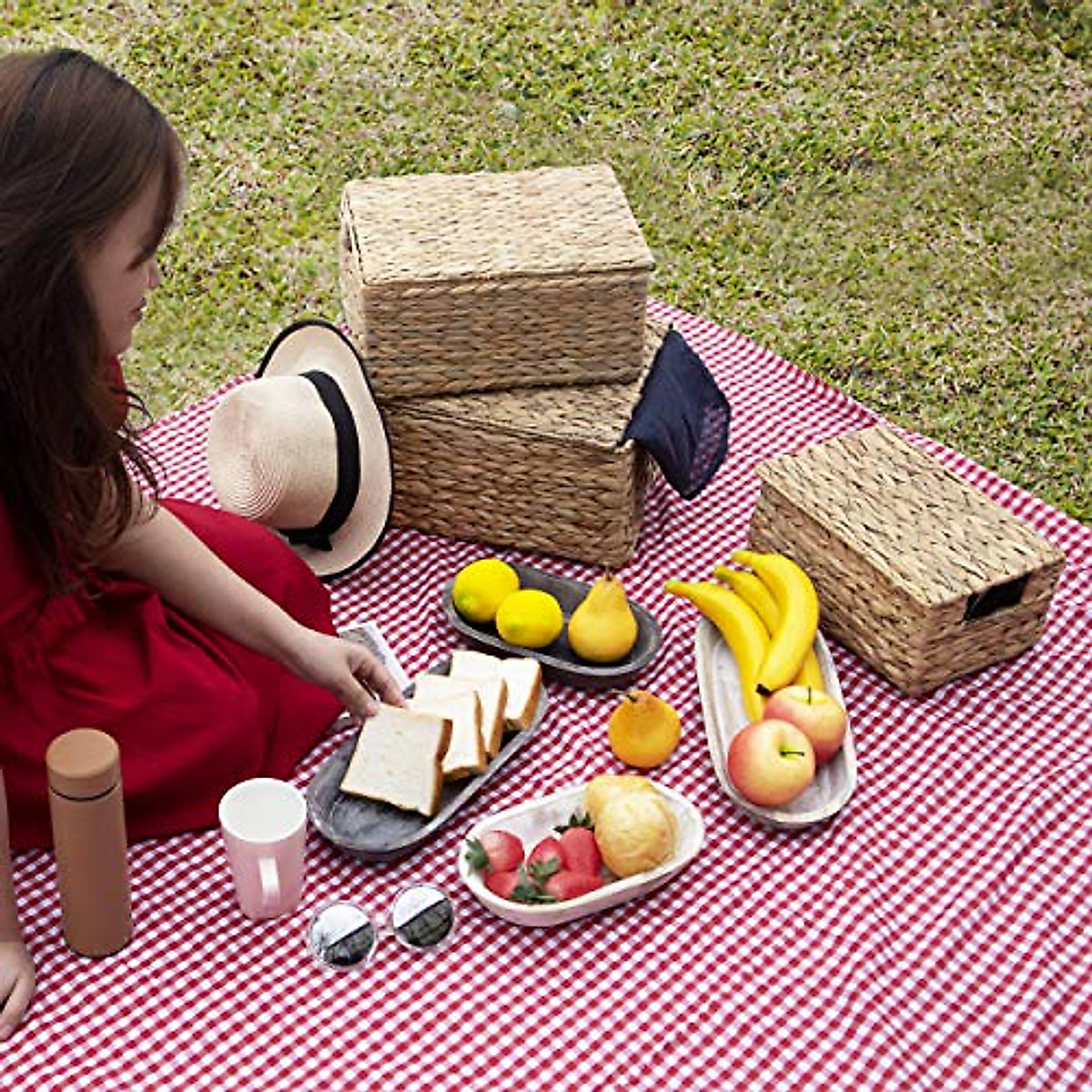 Set of 3 Pack Nesting Storage Baskets with Lids and Insert Handles for Home Organization | Small Closet Wicker Lidded Baskets for Shelves | Straw Wire Woven Storage Baskets with Lids (Water Hyacinth)