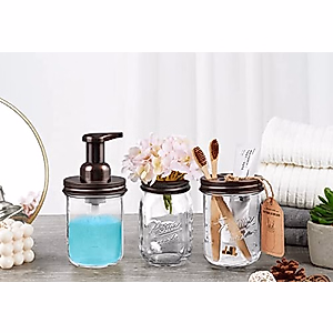 Mason Jar Bathroom Accessories Set - Includes Mason Jar Foaming Hand Soap Dispenser and Toothbrush Holder - Rustic Farmhouse Decor Apothecary Jars Bathroom Countertop and Vanity Organizer (Bronze)