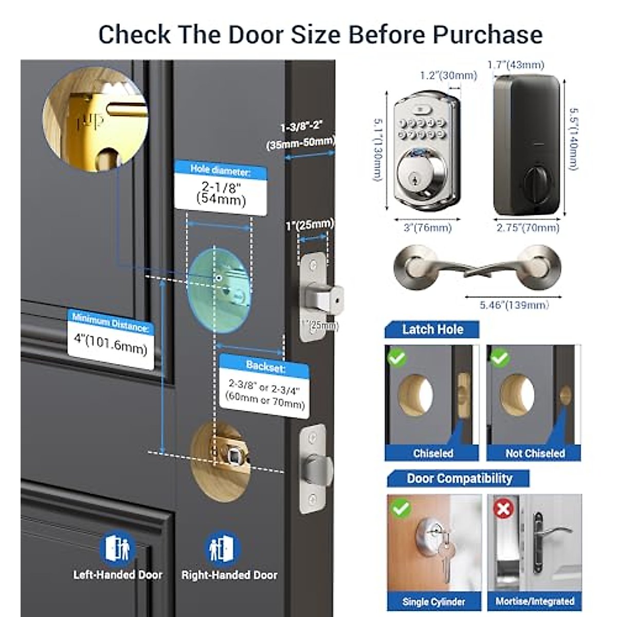 Veise Fingerprint Door Lock with 2 Lever Handles - Keyless Entry Door Lock, Electronic Keypad Deadbolt & Front Door Lock Handle Sets, Auto Lock & 1 Touch Locking, Easy Installation, Satin Nickel
