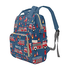 Liveweike Fire Trucks Car Dark Blue Personalized Diaper Bag Backpack Custom Name Daypack Large Mommy Bags for Teen Girl Boy Student