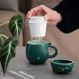 HEER Ceramic Tea Cup with Infuser and Lid, Cute Lucky Cat Coffee Mug Gift for Cat Lovers, Chinese Loose Leaf Tea Steeper. (Green)