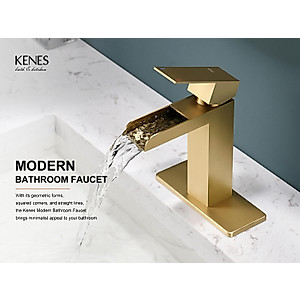 KENES Brushed Gold Waterfall Bathroom Faucet, Modern Single Hole Faucet, Gold Single Handle Bathroom Sink Faucet, with Pop Up Drain & Water Supply Hoses LJ-9035-4