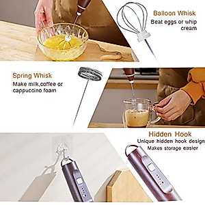 Milk Frother Handheld - Handheld Electric Blender Portable Coffee Frother USB Rechargeable 3 Speed Milk Frother with 2 Stainless Steel Blenders and 1 Cleaning Brush 1 Blending Spoon