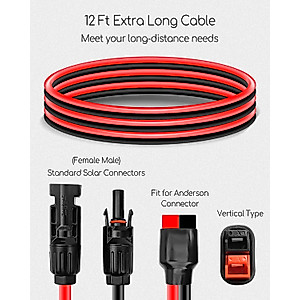 12Ft Solar Panel Charge Cable Fit for Anderson Adapter and Solar Connectors, 10AWG Charge Extension Cable for Portable Power Stations Solar Generators (Vertical Head)