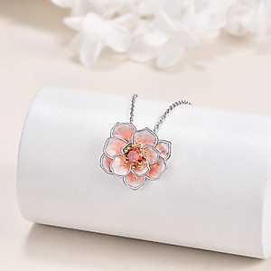 YFN Pink Peony Flower Pendant Necklace Sterling Silver Enamel Flower Jewelry Gifts for Women Mother Gifts