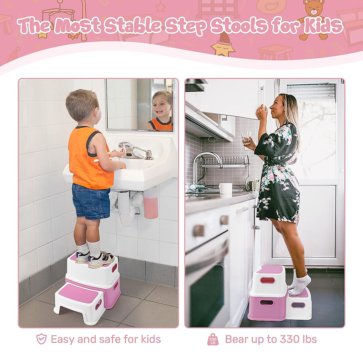 Ronipic 2 Step Stools for Kids, Toddler Step Stool for Toilet Potty Training, Anti-Slip Potty Stools with Numbers/ABC, Bathroom Step Stool for Kitchen
