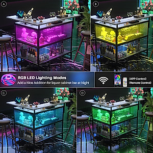 Hyomdeck L Shaped Home Bar with Power Outlet & LED Light, Corner Bar Cabinet with Footrest, Liquor Cabinet with Wine Glass Rack, Coffee Bar Table with Storage for Home Kitchen, Dining Room, Light Oak