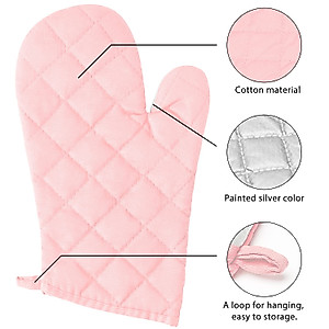 GROBRO7 6Pcs Cotton Oven Mitts and Pot Holders Set Heat Resistant Hot Pads Durable Pocket Pot Holder Machine Washable BBQ Gloves with Hanging Loop for Safe Kitchen Baking Cooking Grilling Pink