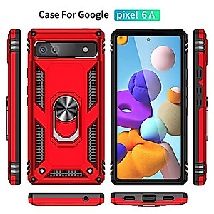 SunRemex for Google Pixel 6A Case with HD Screen Protector, [Not for Pixel 6/6 Pro Phone] Google 6A Case with Magnetic Ring Holder Kickstand,[Military Grade] Protective Phone Case (Red)