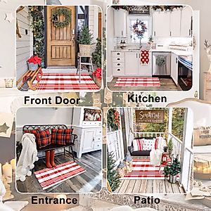 Fallovea Christmas Rugs Red and White Plaid, 4'x6' Area Rug Outdoor Indoor Front Porch Doormat Cotton Hand-Woven Layered Door Mats for Entryway Patio Entryway Laundry Bedroom Living Room