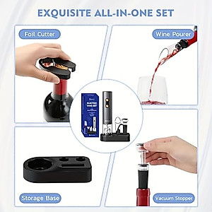 Danett Automatic Electric Wine Opener Gift Set 5in1, Electric Wine Bottle Corkscrew+Foil Cutter+Pourer+Vacuum Stoppers+Base,AL alloy body+Rose gold Buttons Anti-fingerprint,Blue Light Bin-Grey