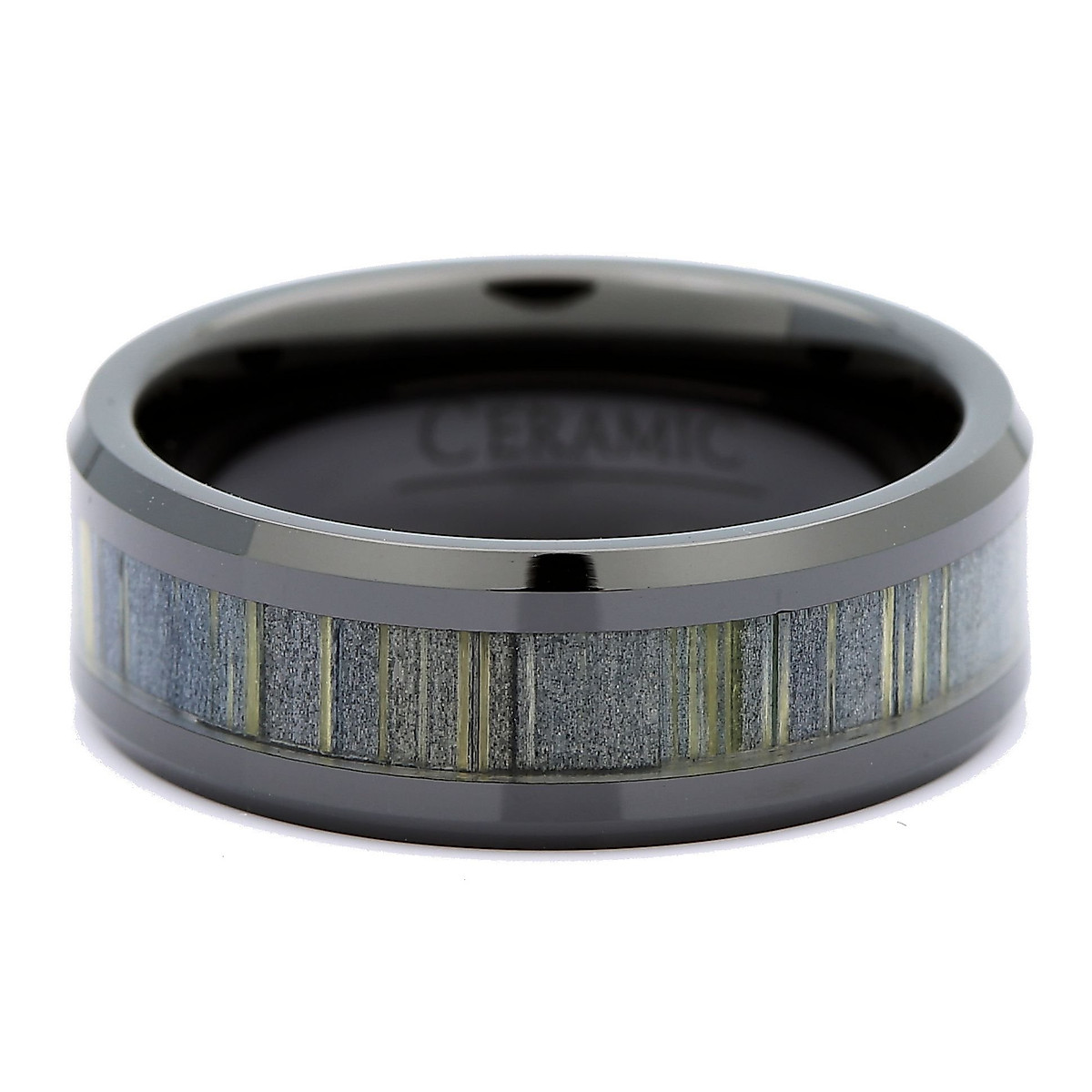 MJ Metals Jewelry 8mm Black Ceramic Ring, Inlay Made from Zebra Wood. Wedding Band Ring Size 9.5
