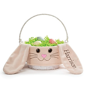 Personalized Easter Egg Basket with Handle and Custom Name in Brown Script | Floppy Ear Bunny Easter Basket Liners | White Basket | Woven Easter Baskets for Kids | Customized Easter Basket