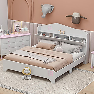 Full Bed with Storage Headboard, Wood Platform Bed with House Shaped Headboard, Kid Low Bed Frame with Shelf and Slats Support, No Box Spring Needed, White