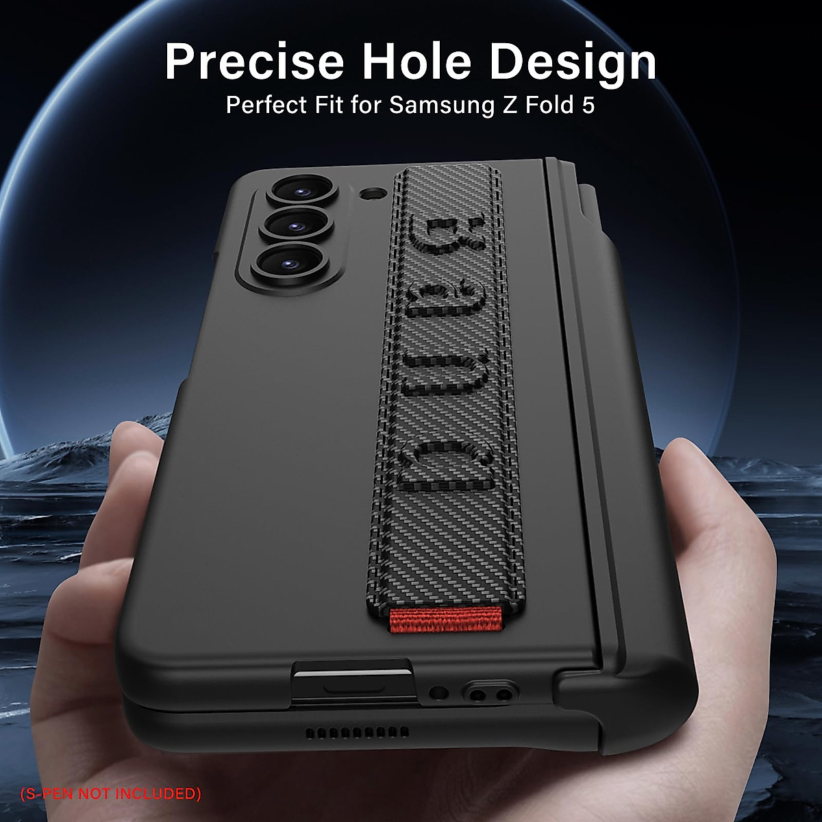 DEMCERT for Samsung Galaxy Z Fold 5 Case with [Fold5 Edition S-Pen Holder] [Wrist Band], Luxury PC Magnetic Shockproof Cover with Screen Protector for Samsung Galaxy Z Fold 5 5G (Carbon Fibre)
