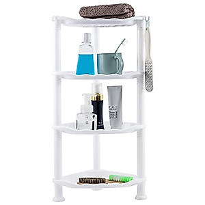 4-Tier Standing Corner Shower Caddy - 4 Shelf Plastic Bathroom Corner Stand with Drainage Holes & Hooks Plastic Shower Organizer Corner Standing Stand Up Bathtub Shower Shelf for Bathroom Living Room