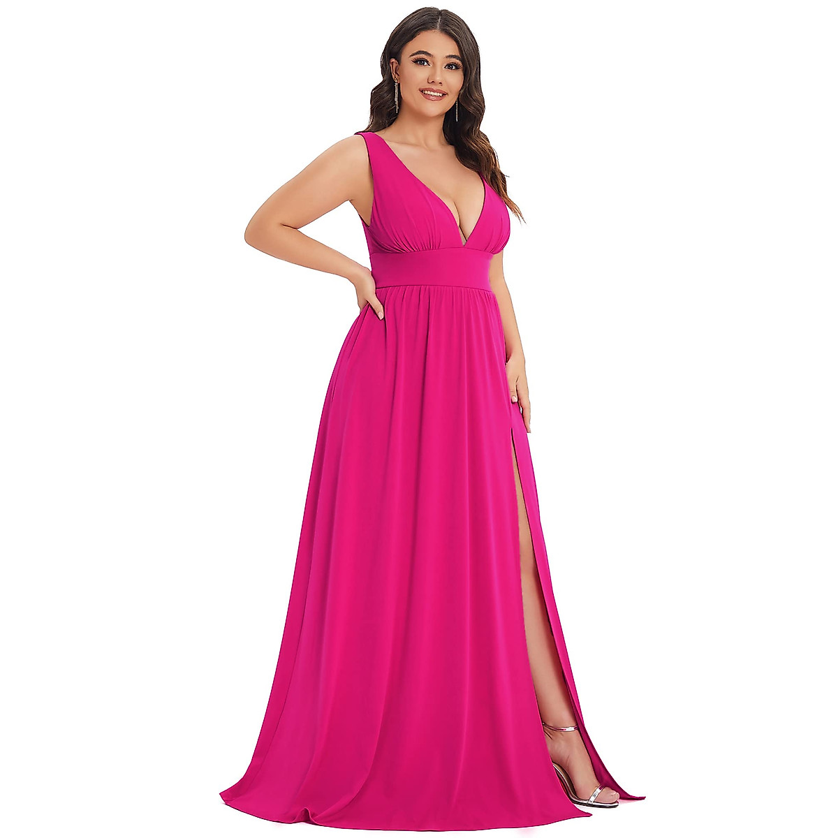 Ever-Pretty Summer Maxi High Slit Pleated Sleeveless Plus Size Formal Dresses for Curvy Women Hot Pink US16