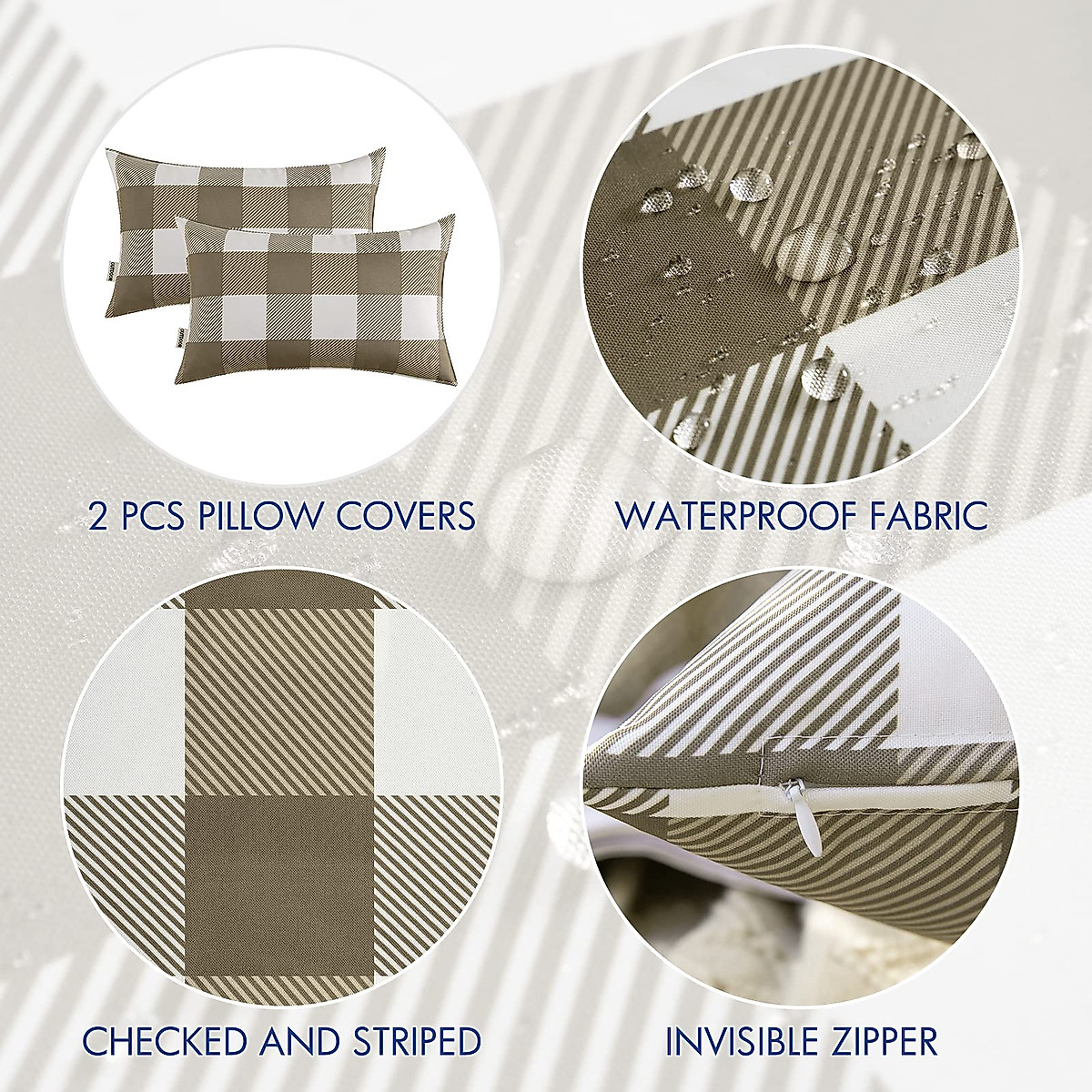 MIULEE Plaids Pillow Covers Checkered Throw Pillow Covers Outdoor Waterproof Decorative Pillowcases Set of 2 for Sofa Couch Living Room Patio Garden 12x20 Inch, Brown and White