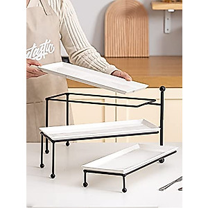 Kanwone 3 Tiered Serving Stand with White Porcelain Platters, Swivel Food Display Stand, 14.5" x 6" Tier Serving Trays with Black Metal Stand for Entertaining, Dessert Stand