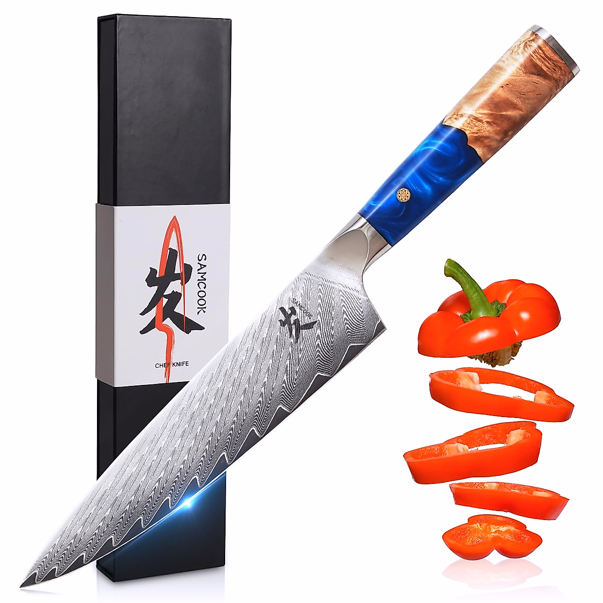 SAMCOOK Chef Knife - 8 Inch 67 Layer Forged Damascus Japan VG-10 Stainless Steel Kitchen Knives Blue Resin Wood Handle High Strength And Good Toughness Razor Sharp Cutting Meat
