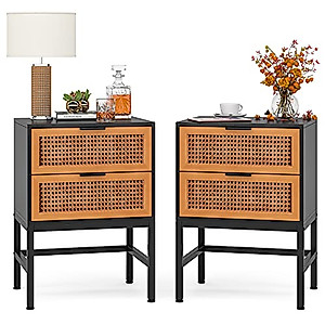Tribesigns 2-Drawers Nightstands Set of 2, Black Wood Night Stand, Mid-Century Bedside Table, Retro Nightstands with Metal Legs, Bed Side Table for Bedroom, Rattan Nightstand with Big Storage