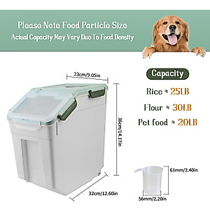 YXQ 25LB Large Flour Storage Container Bin,4 Pack Airtight Plastic with Wheels Seal Locking Lid Dispenser Organizer Storage Bin with Measuring Cup & Scoop for Flour, Rice, Grain 100LBS Total，Green