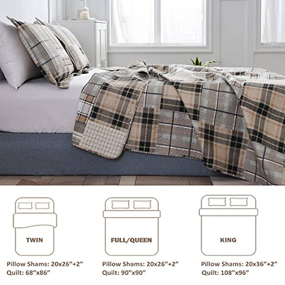 CHESITY King Size Quilt Set - Plaid & Stripe Bedding Sets, 3-Piece Brown Bedspread Sets, Reversible Lightweight, Grid Coverlet, Patchwork Soft Quilt for Bed (96" x 108")