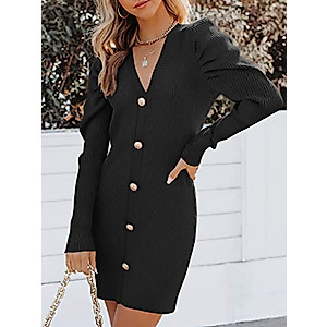 ANRABESS Women's Puff Long Sleeve V Neck Buttons Ribbed Knit Slim Fit Pullover Sweater Bodycon Mini Dress 581heise-S Black