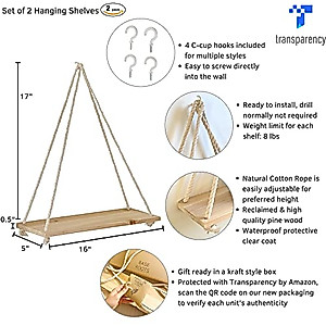 Hanging Shelves for Wall [Set of 2 w/ Hooks] Wooden Shelf, Hanging Fruit Basket Woven 3 Tier for Kitchen, Counter Space Saver Decorative Storage Boho Home Decor Planter Bathroom, Living Room Bedroom