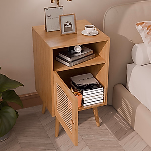 Xilingol Modern Rattan Nightstand, Boho Side Table with Handmade Rattan Decorated Door, Wood Bedside Table with Open Storage Shelf for Bedroom,Natural (no Charging Station, 1)