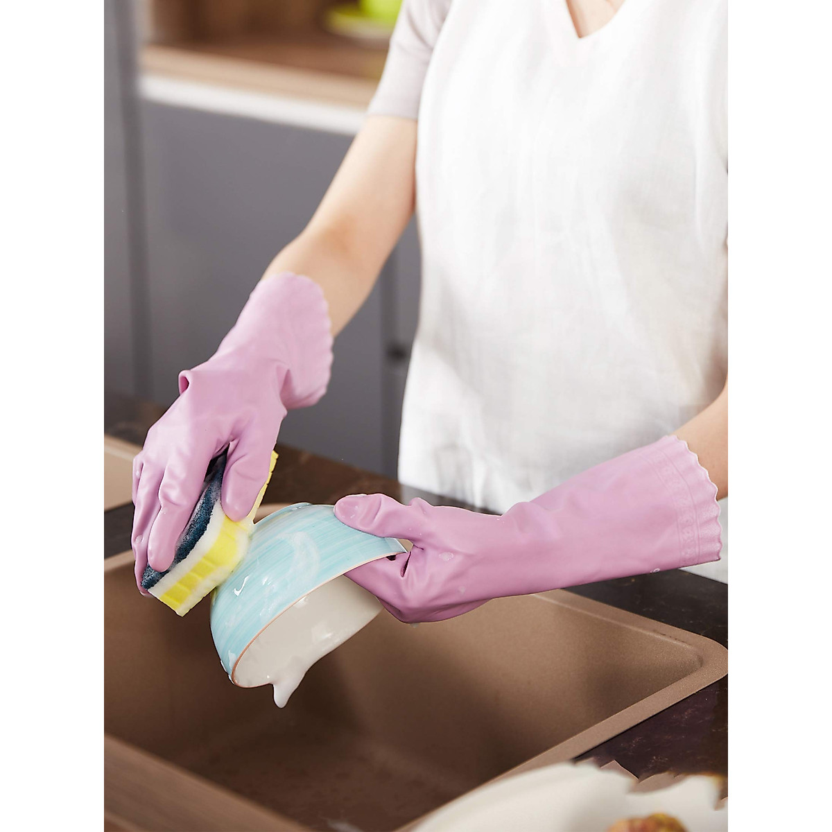 LANON 3 Pairs wahoo Skin-Friendly Cleaning Gloves, Dishwashing Kitchen Gloves with Cotton Flocked Liner, Reusable, Non-Slip, Mauve Mist, Small