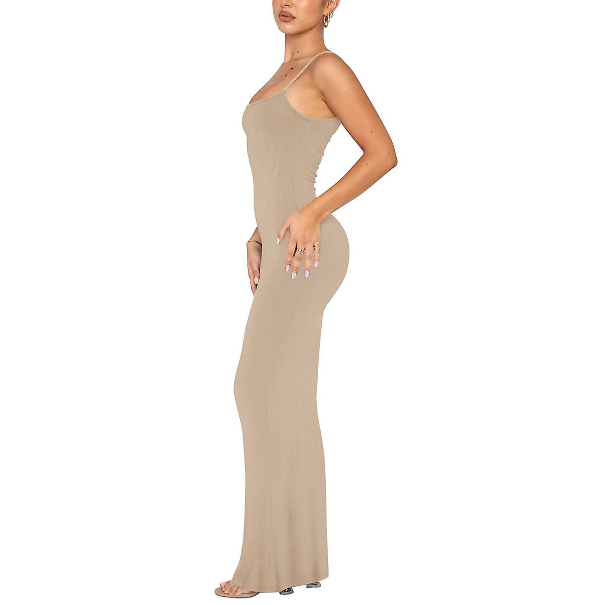 REORIA Women's Sexy Casual Lounge Slip Long Dress Elegant Wedding Guest Sleeveless Backless Ribbed Bodycon Maxi Dresses Khaki X-Large