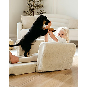 Tiny Land Kids Couch 2-in-1 Foldable Sofa Bed – 3D Teddy Curly with Pockets, Tactile Sensory-Enhancing Lounger for Toddlers, Ideal for Playroom – Afternoon Couch and Chair for Boys and Girls,Cream