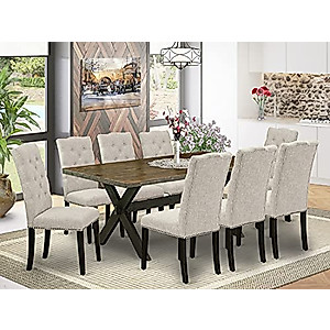 East West Furniture X677EL635-9 9-Piece Dining Set - Dinner Table Rectangular Top - 8 Beautiful Dining Chairs Padded Seat and Back (Distressed Espresso & Wire Brushed Black Finish)