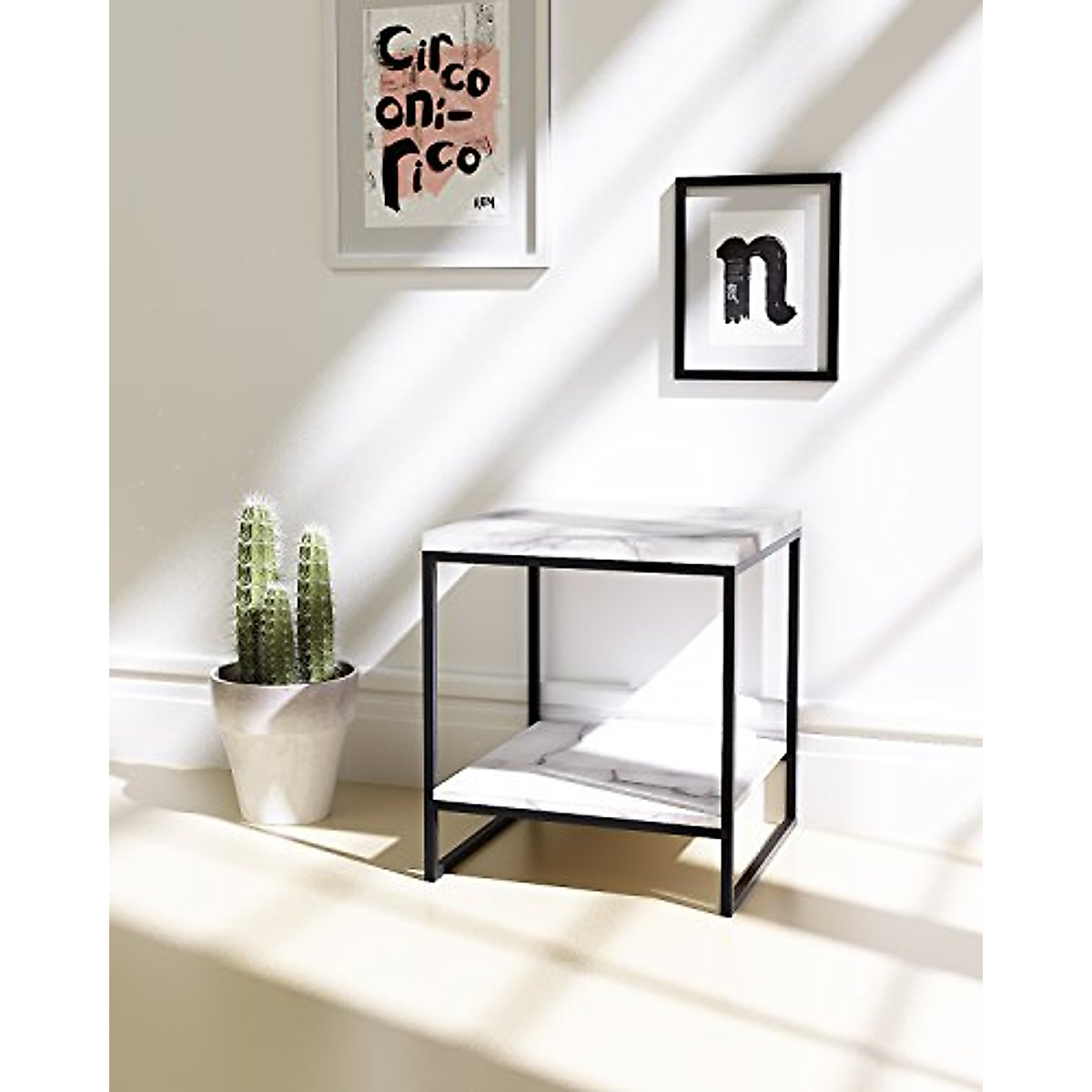 Tilly Lin Faux Marble Side Table, White Marble Small Coffee Table with Storage, 2-Tier End Table for Living Room, Nightstand for Bedroom (White, Black)